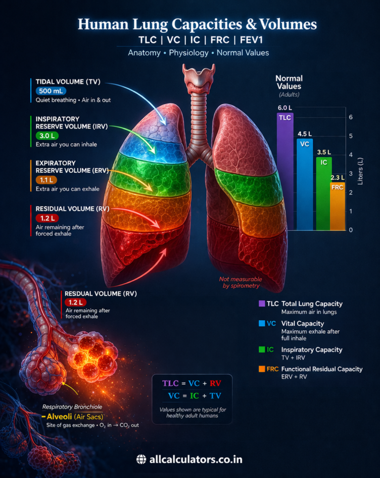 Lung Capacity Calculator (TLC, VC, RV) – Free Human Physiology Tool